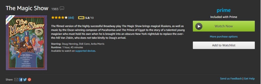 “The Magic Show” on Amazon Prime Streaming – THE DOUG HENNING PROJECT