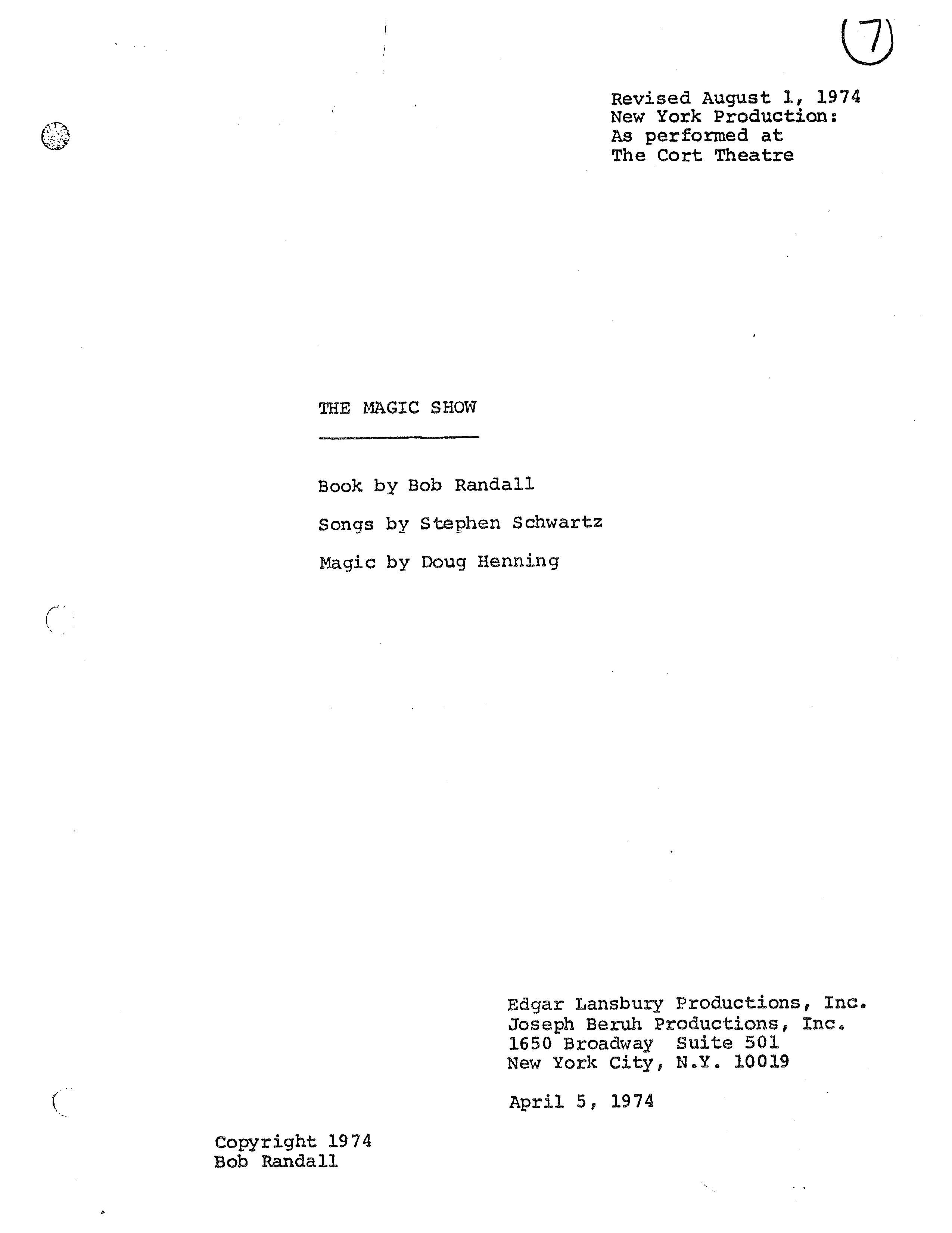 Complete “Magic Show” Libretto: Part:1 – THE DOUG HENNING PROJECT