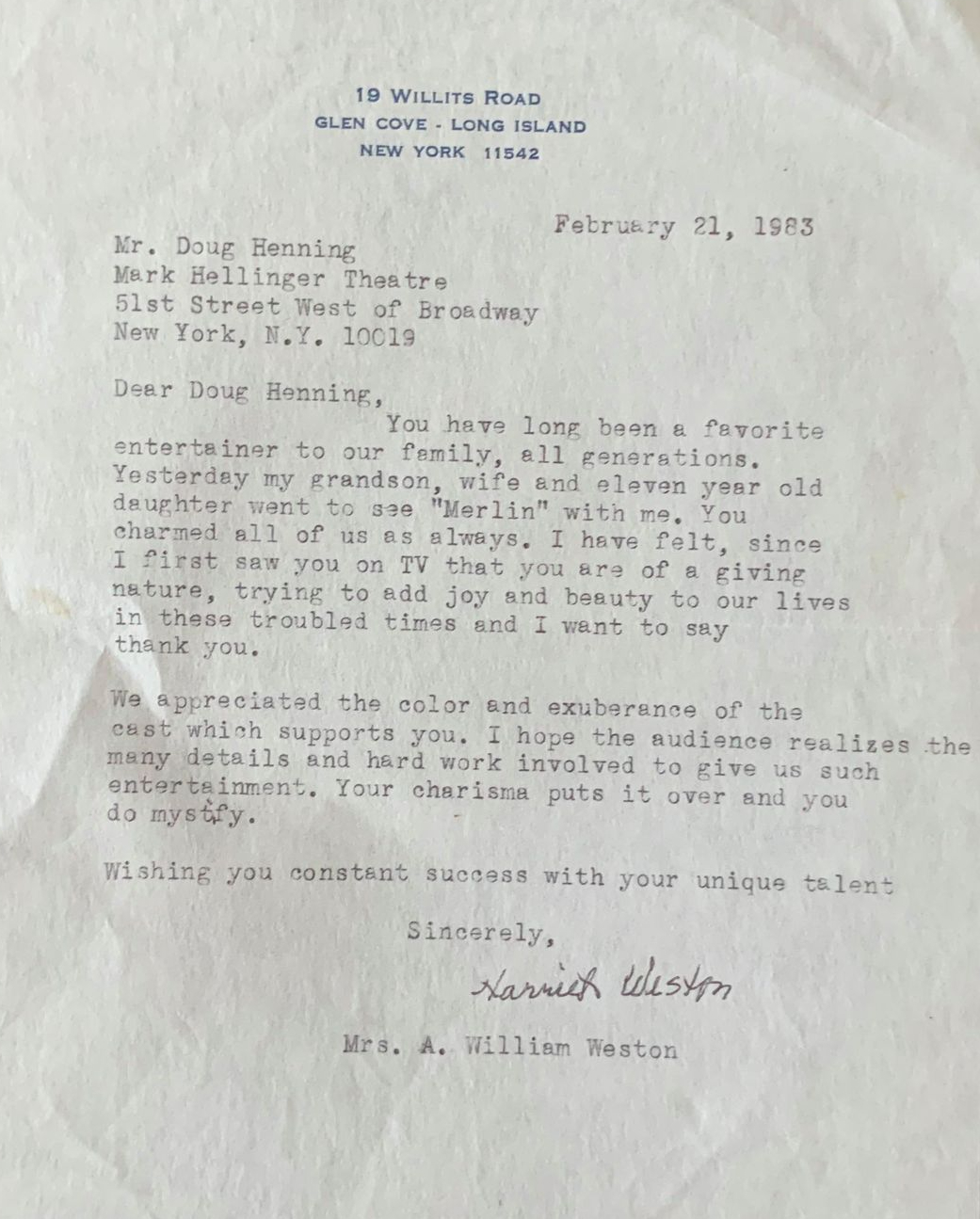 1983 Merlin Fan Letter – THE DOUG HENNING PROJECT