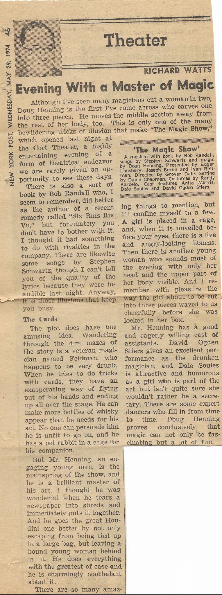 New York Post “Magic Show” Review-May 29, 1974 – THE DOUG HENNING PROJECT